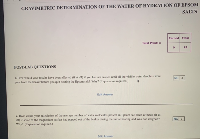 Solved GRAVIMETRIC DETERMINATION OF THE WATER OF HYDRATION | Chegg.com