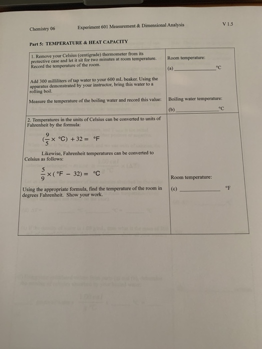 V 1.5 Chemistry 06 Experiment 601 Measurement & | Chegg.com