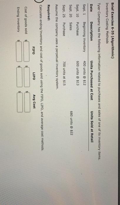 Solved Brief Exercise 6-35 (Algorithmic) Inventory Costing | Chegg.com