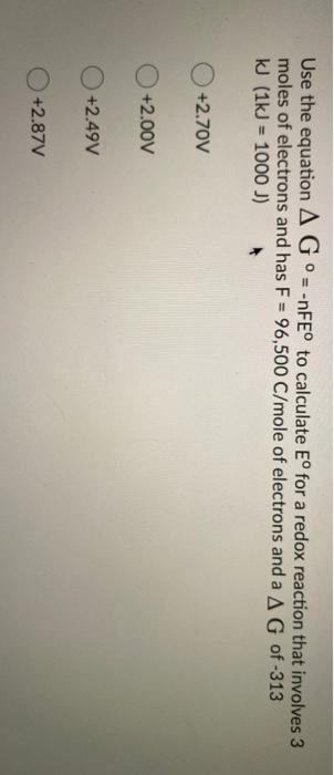 Solved Use the equation A Gº = -NFE° to calculate Eº for a | Chegg.com