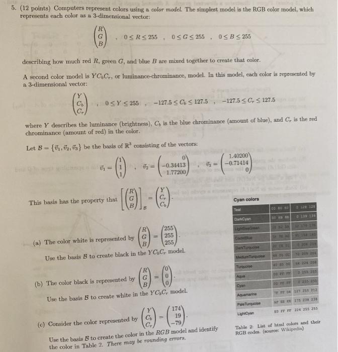 Solved 5. (12 points) Computers represent colors using a | Chegg.com