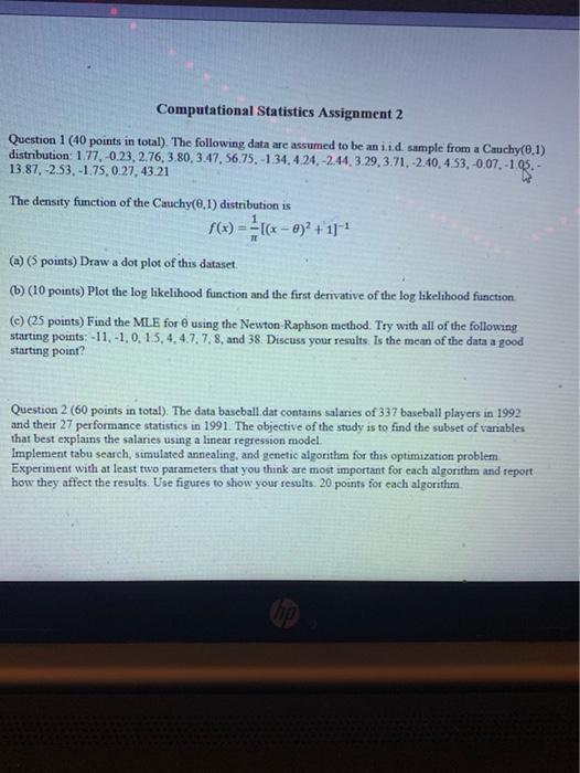 Solved Computational Statistics Assignment 2 Question 1 (40 | Chegg.com