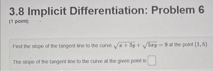 Solved 3.8 Implicit Differentiation: Problem 6 (1 point) | Chegg.com