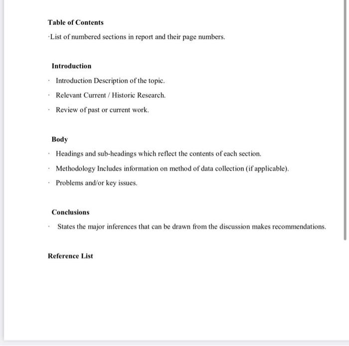 Solved Table of Contents List of numbered sections in report | Chegg.com