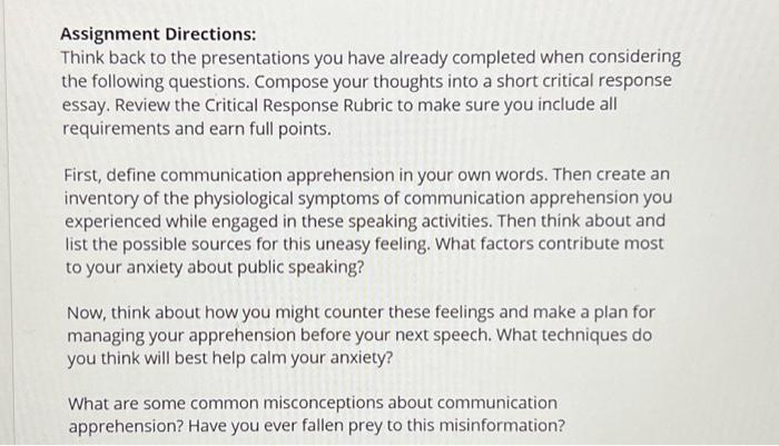 Assignment Directions: Think back to the | Chegg.com