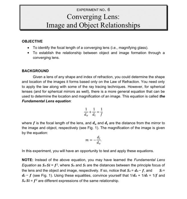 EXPERIMENT NO. 6 Converging Lens: Image and Object | Chegg.com