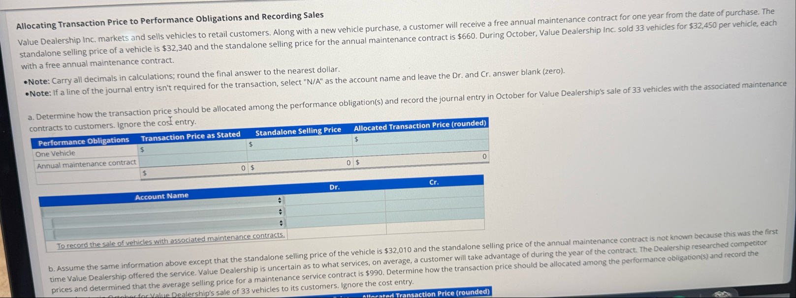 Solved Allocating Transaction Price to Performance | Chegg.com
