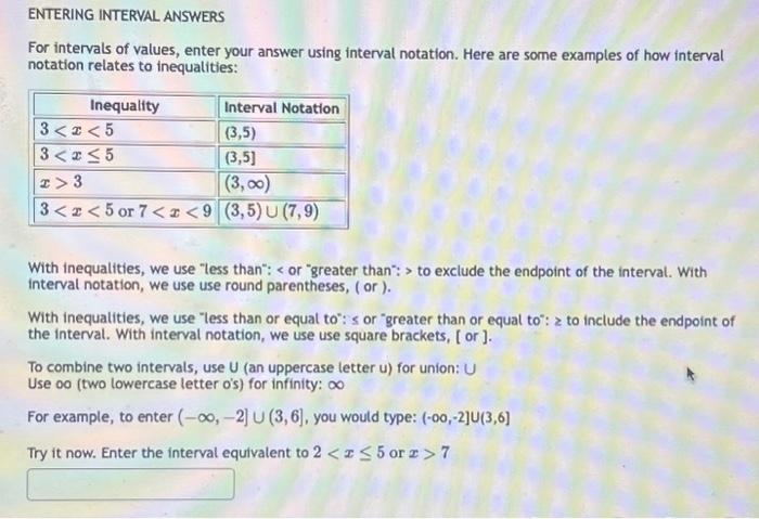 Solved ENTERING INTERVAL ANSWERS For intervals of values, | Chegg.com