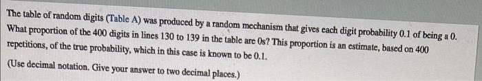 Solved The table of random digits (Table A) was produced by | Chegg.com