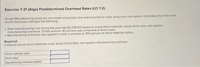 Solved Exercise 7-31 (Algo) Predetermined Overhead Rates (LO | Chegg.com Solved Exercise 7-31 (Algo) Predetermined Overhead Rates (LO | Chegg.com