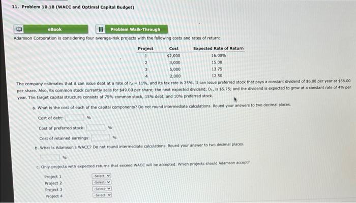 Solved 11. Problem 10.18 (WACC and Optimal Capital Budget) | Chegg.com