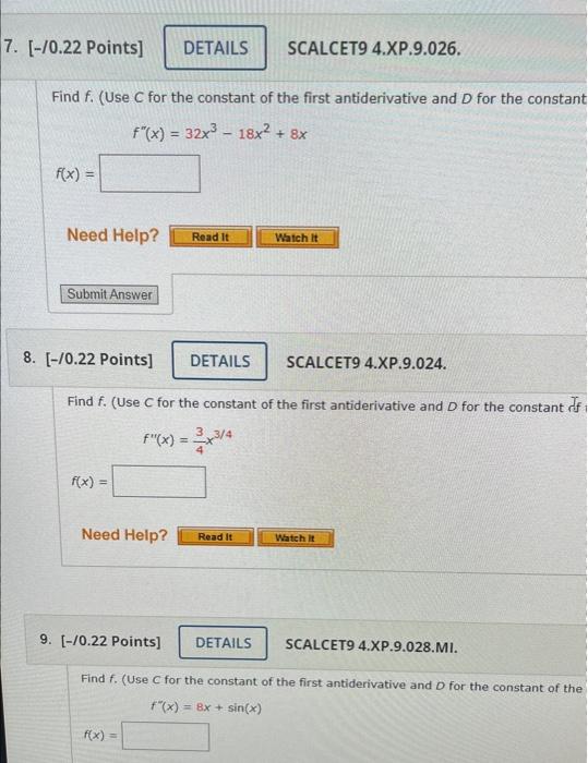 Solved SCALCET9 4.XP.9.026. Find f. (Use C for the constant | Chegg.com