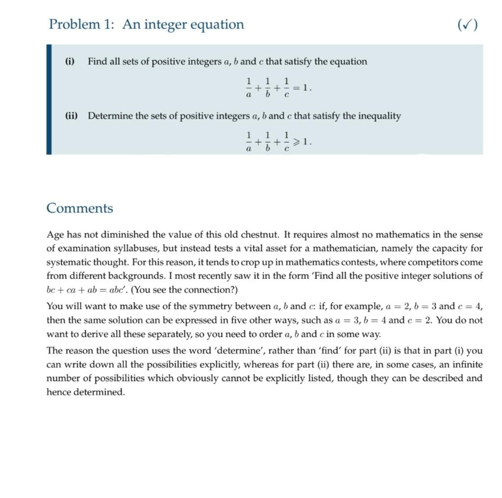 Solved Problem 1: An integer equation (i) Find all sets of | Chegg.com