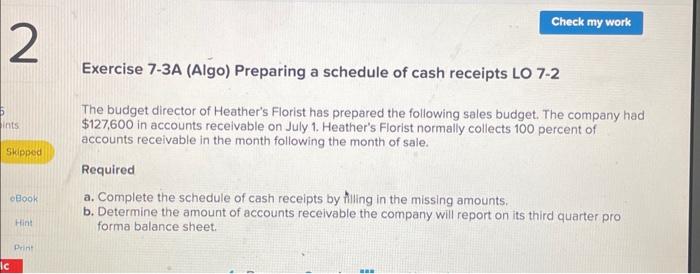Solved Exercise 7-3A (Algo) Preparing a schedule of cash | Chegg.com
