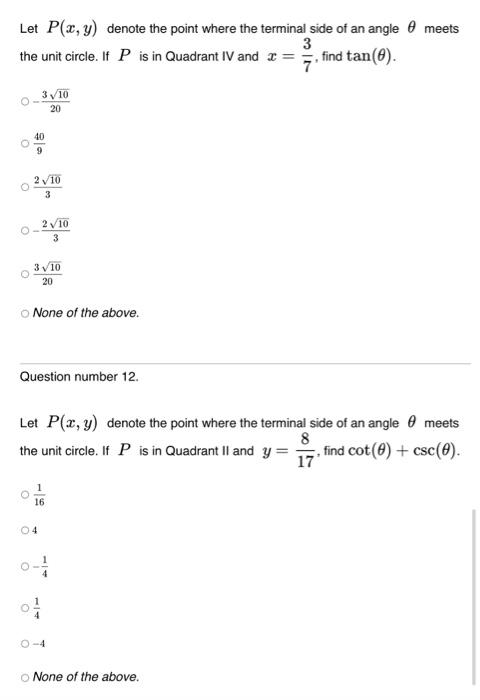 Solved Let P(x,y) denote the point where the terminal side | Chegg.com
