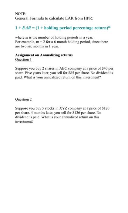 Solved NOTE: General Formula to calculate EAR from HPR: | Chegg.com