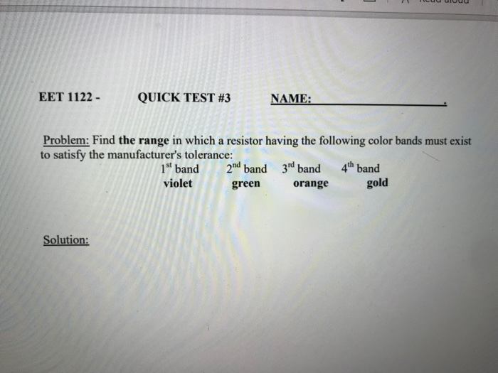 Solved EET 1122 - QUICK TEST #3 NAME: Problem: Find the | Chegg.com