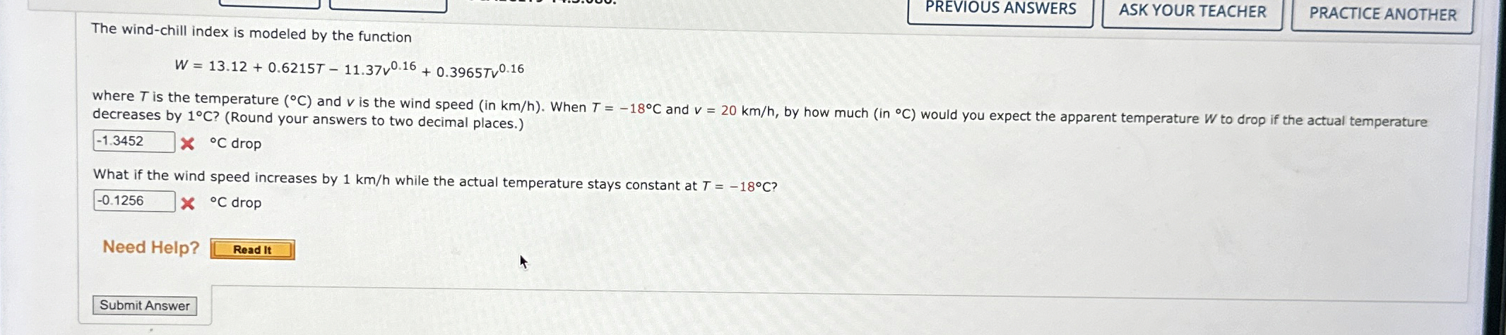 Solved PREVIOUS ANSWERSThe wind-chill index is modeled by | Chegg.com