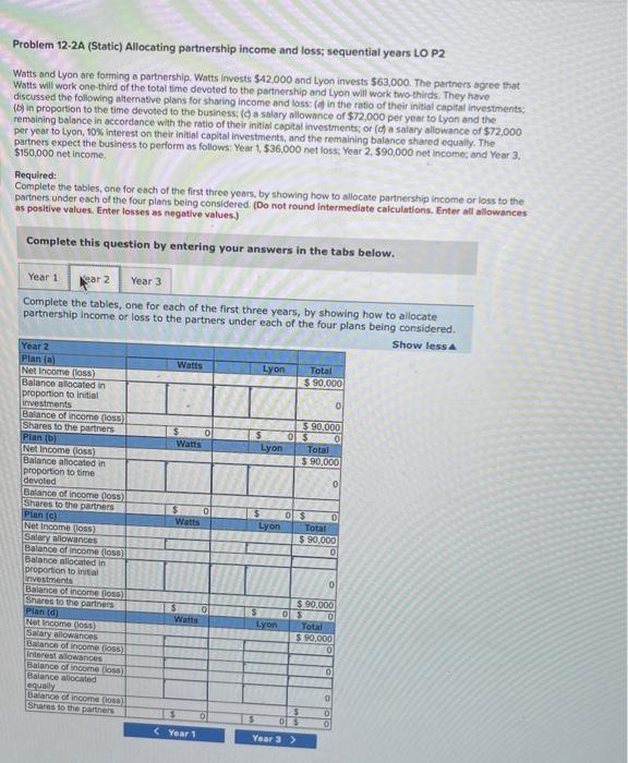 Solved Problem 12-2A (Static) Allocating partnership income | Chegg.com