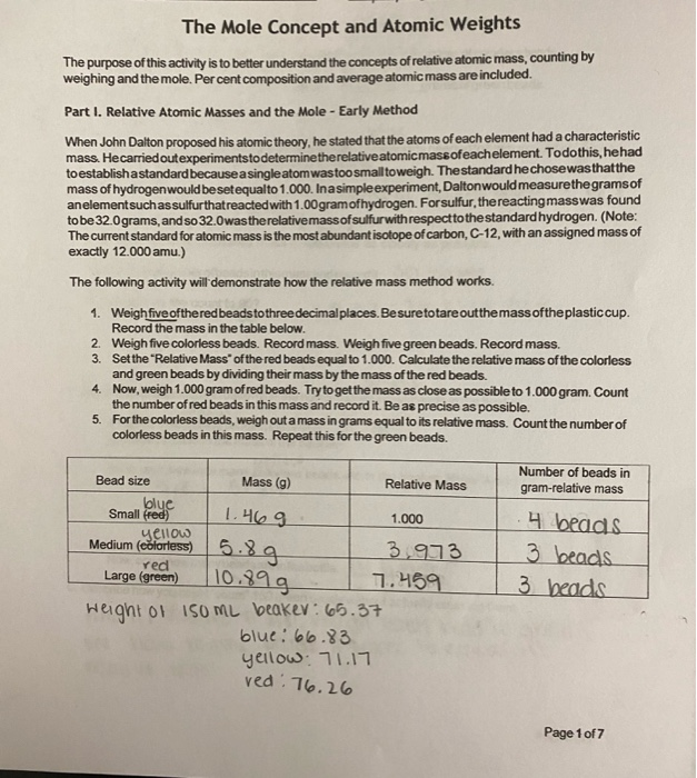 Solved The Mole Concept and Atomic Weights The purpose of | Chegg.com