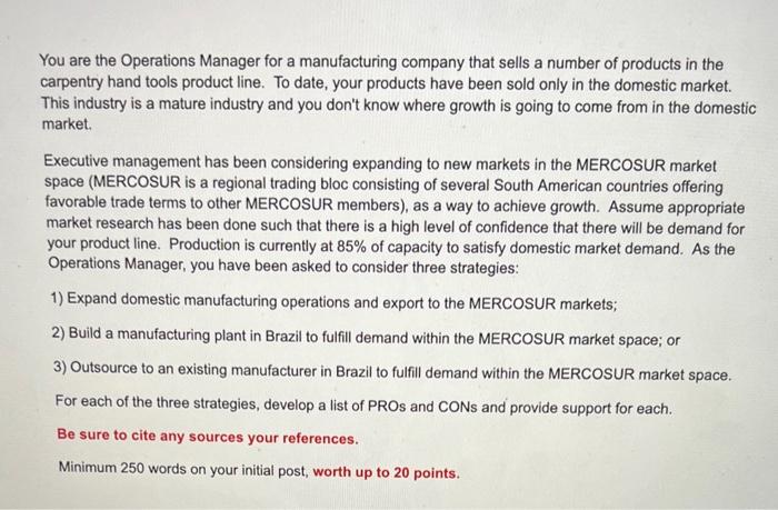 Solved You are the Operations Manager for a manufacturing | Chegg.com