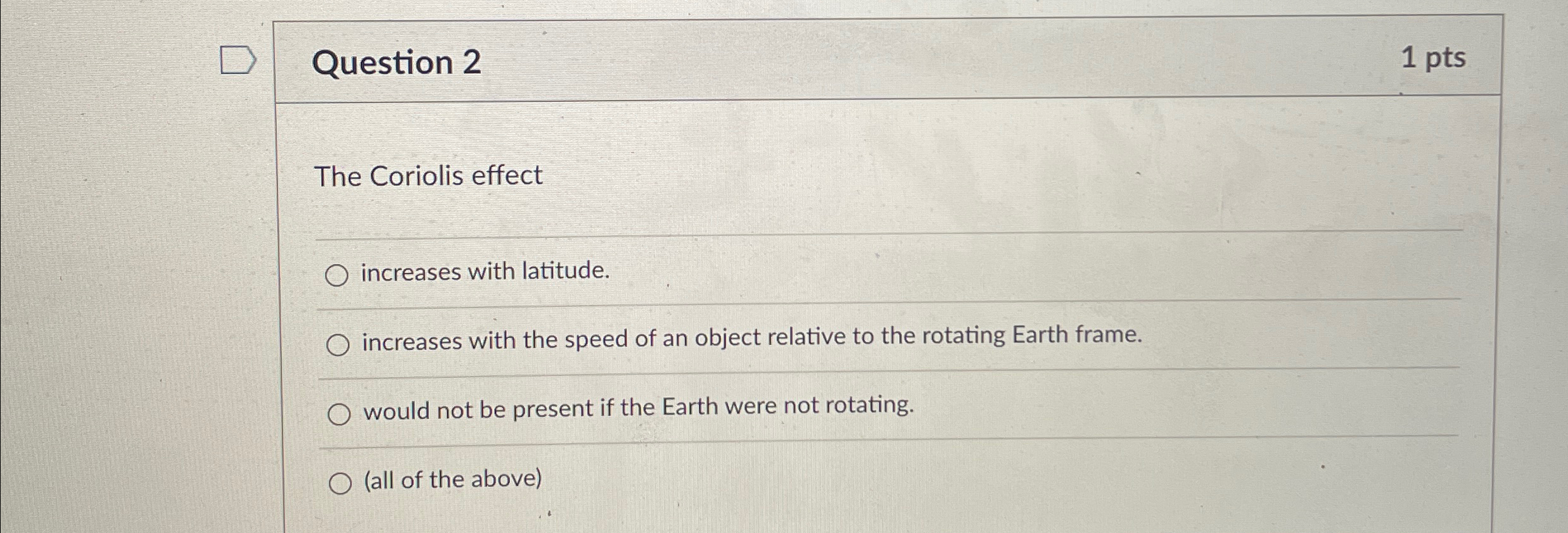 Solved Question 21 ﻿ptsThe Coriolis effectincreases with | Chegg.com