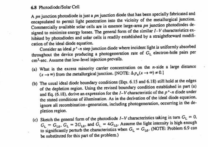 Solved 6.8 Photodiode/Solar Cell A pn junction photodiode is | Chegg.com