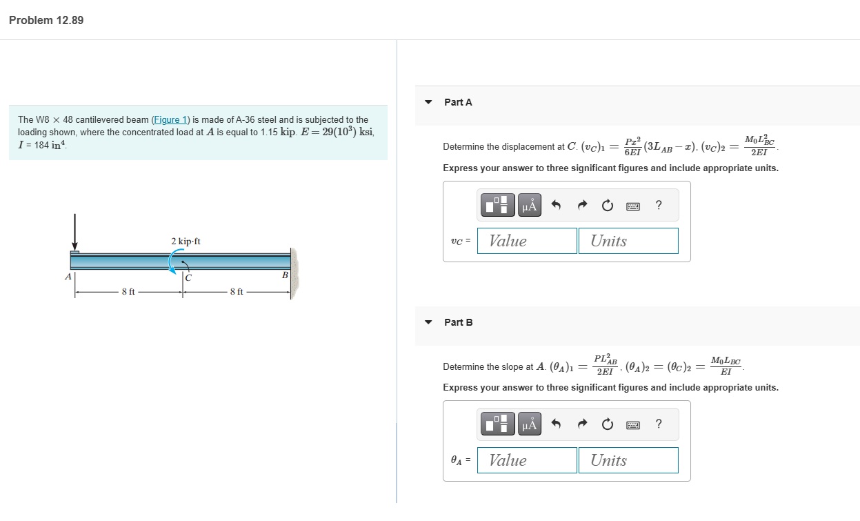 The W8 ×48 ﻿cantilevered beam (Figure 1) is ﻿made | Chegg.com