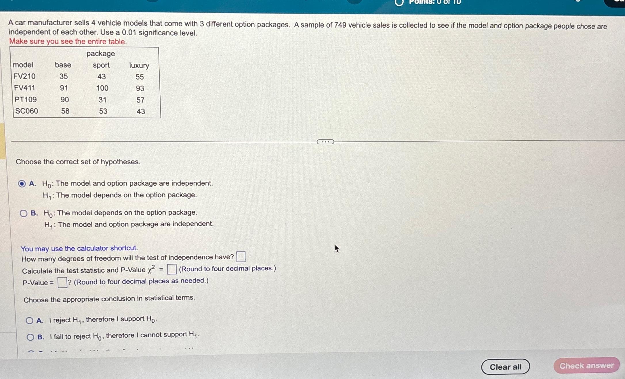 Solved A car manufacturer sells 4 ﻿vehicle models that come | Chegg.com
