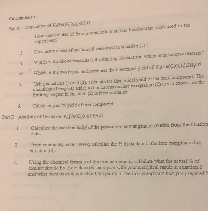 Solved Part A. Preparation of K3[Ke(C2O1)3⋅33H2O (first | Chegg.com
