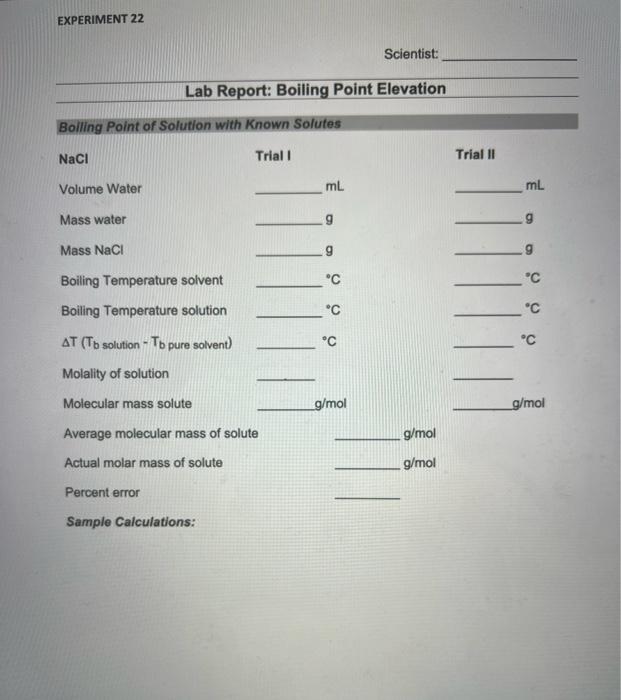 Solved EXPERIMENT 22 Scientist: Lab Report: Boiling Point | Chegg.com