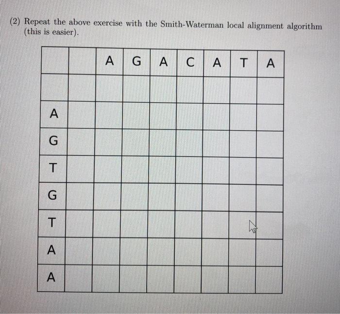Solved (2) Repeat the above exercise with the Smith-Waterman | Chegg.com