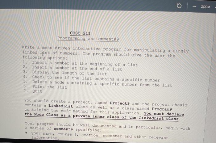 Solved ZOOM COSC 211 Programming assignment #9 Write a menu | Chegg.com