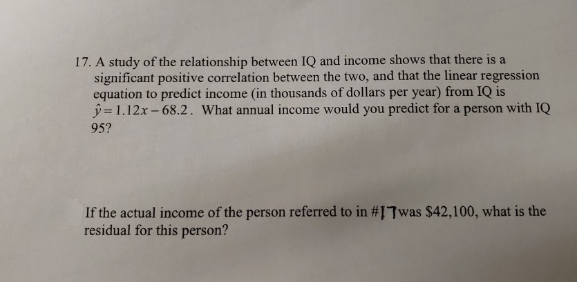 Solved 17. A study of the relationship between IQ and income | Chegg.com