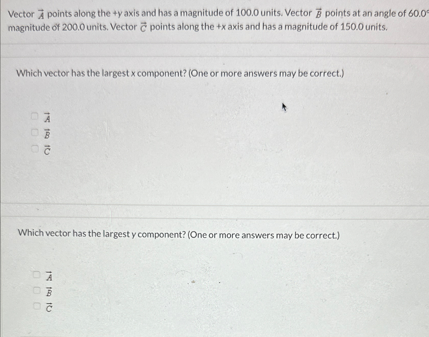 Solved Vector vec(A) points along the +y axis and has a | Chegg.com