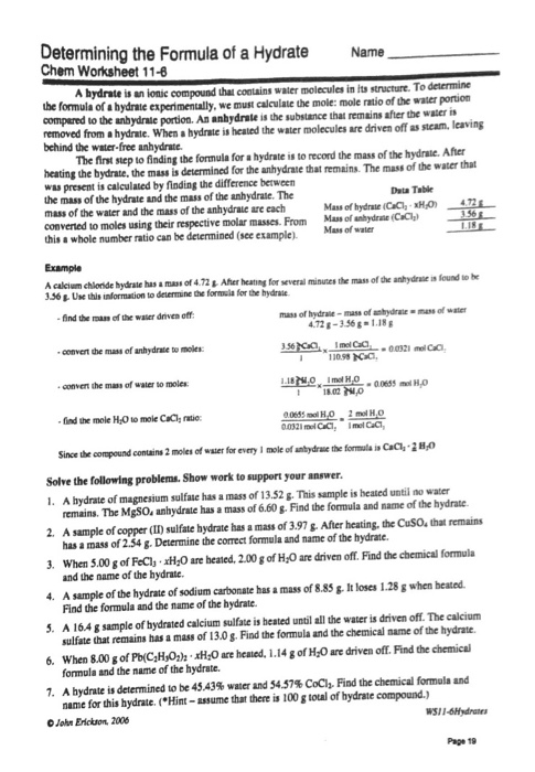 Solved Determining the Formula of a Hydrate Name Chem | Chegg.com