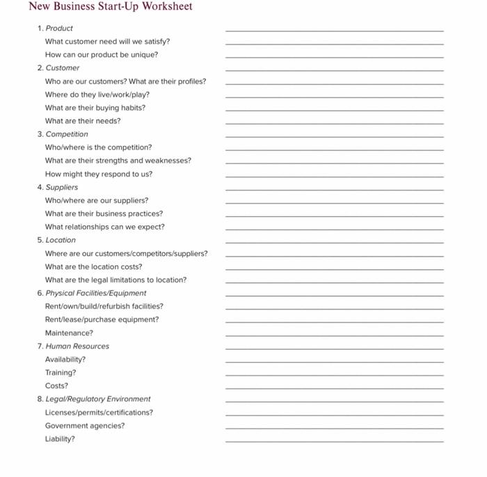 Solved New Business Start-Up Worksheet 1. Product What | Chegg.com