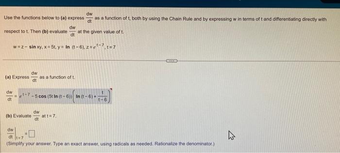 Solved dw Use the functions below to (a) express dt as a | Chegg.com