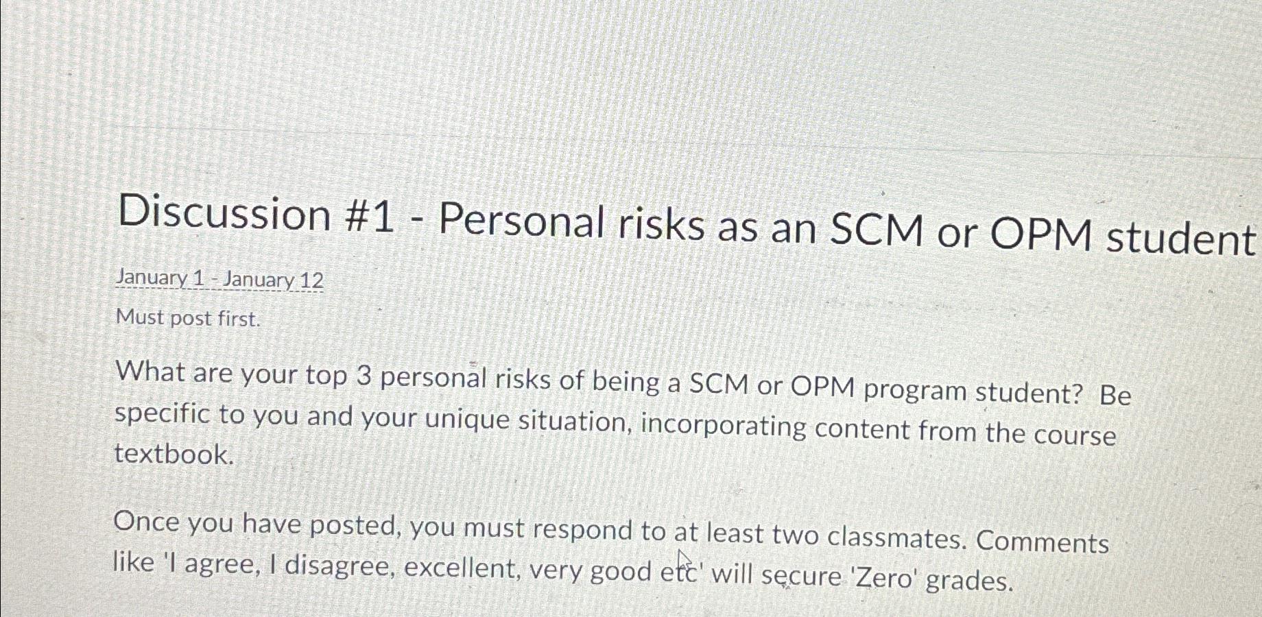 Solved Discussion #1 - ﻿Personal risks as an SCM or OPM | Chegg.com