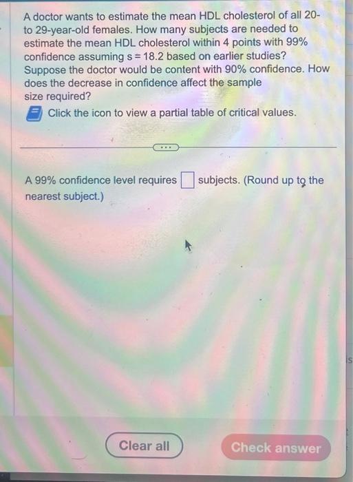 Solved A doctor wants to estimate the mean HDL cholesterol | Chegg.com