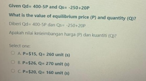Solved Given Qd = 400-5P and Qs= -250+20P What is the value | Chegg.com