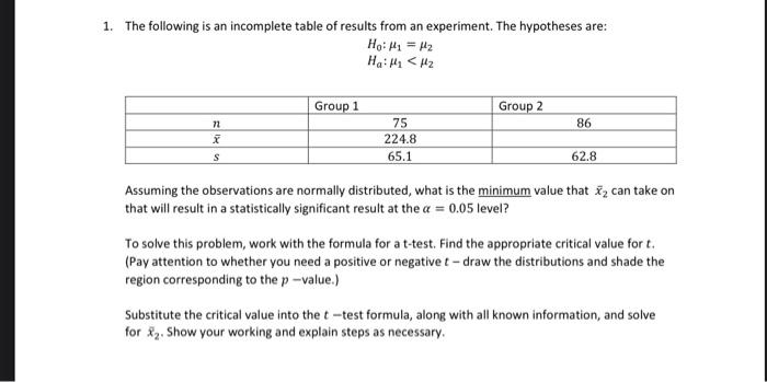 Solved 1. The following is an incomplete table of results | Chegg.com