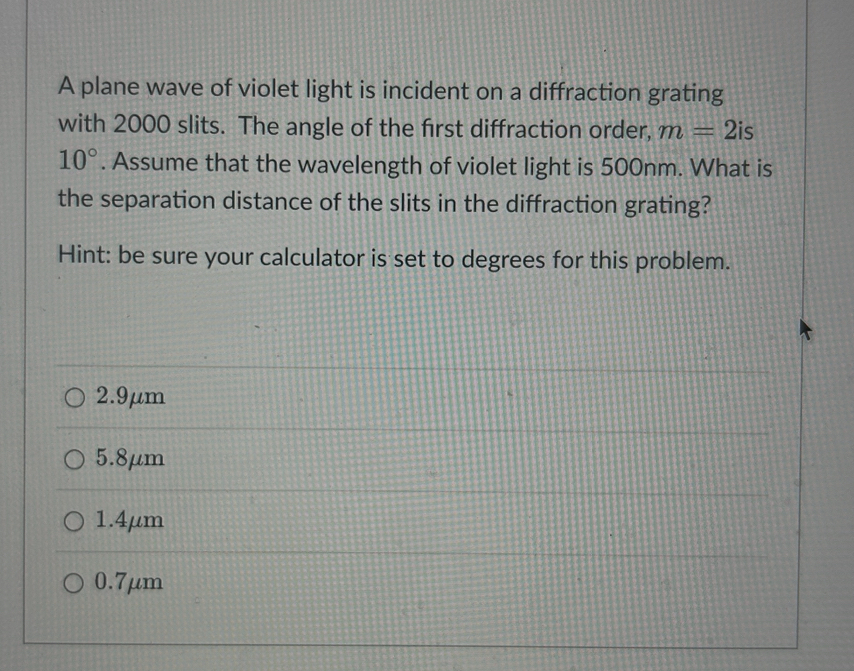 Solved A plane wave of violet light is incident on a | Chegg.com