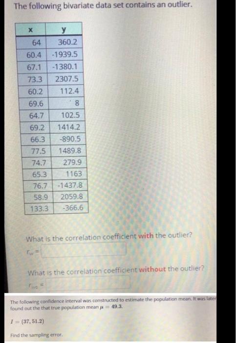 Solved The following bivariate data set contains an outlier. | Chegg.com
