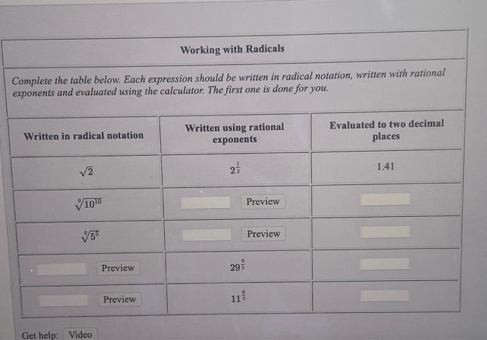Solved Working with Radicals Complete the table below. Each | Chegg.com