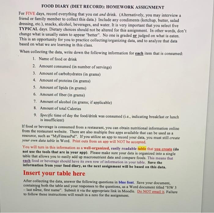 Solved FOOD DIARY (DIET RECORD): HOMEWORK ASSIGNMENT For | Chegg.com