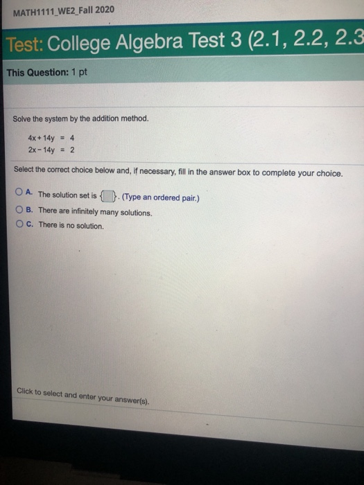 Solved MATH1111_WE2 Fall 2020 Test: College Algebra Test 3 | Chegg.com