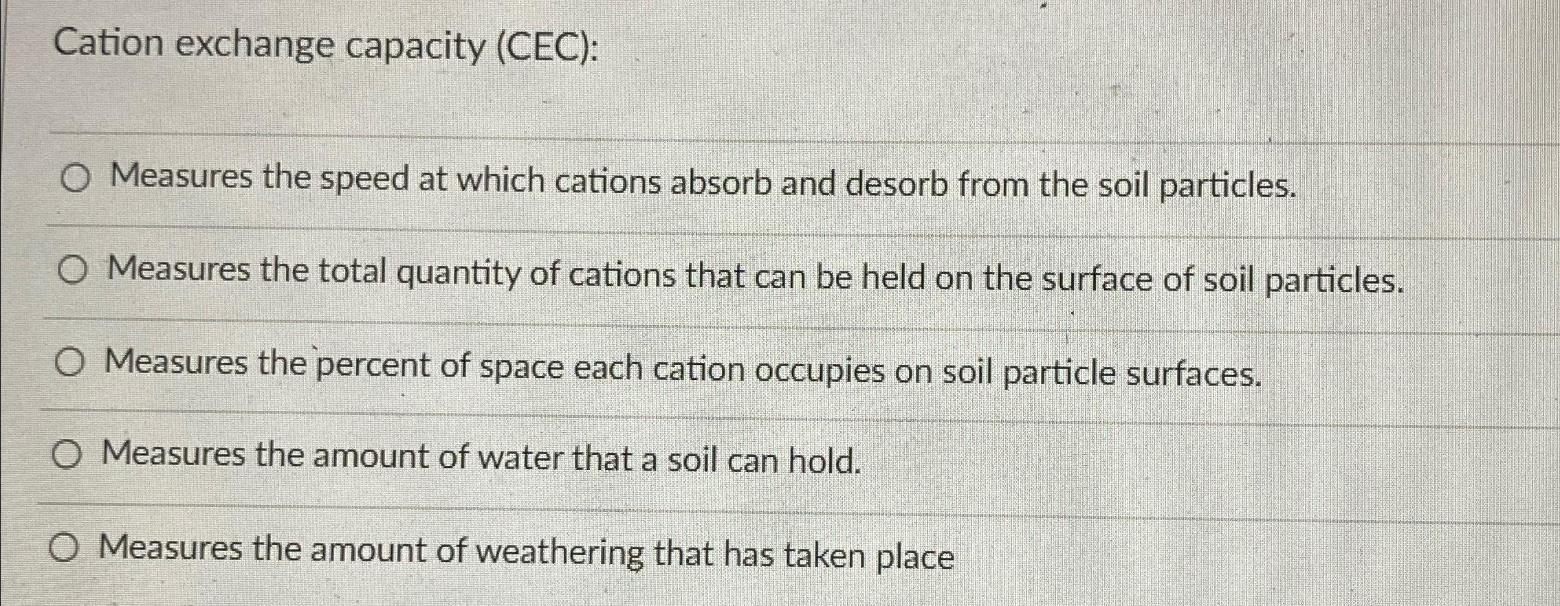 Solved Cation exchange capacity (CEC):Measures the speed at | Chegg.com