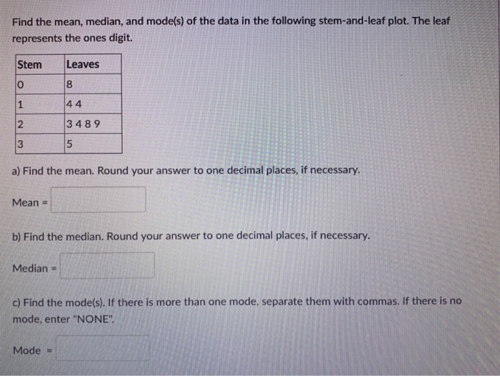 Solved Find the mean, median, and mode(s) of the data in the | Chegg.com