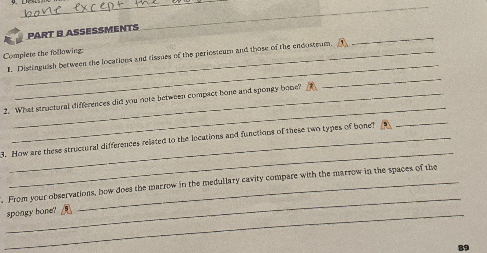 Solved bone exceptPART B ASSESSMENTSComplete the | Chegg.com